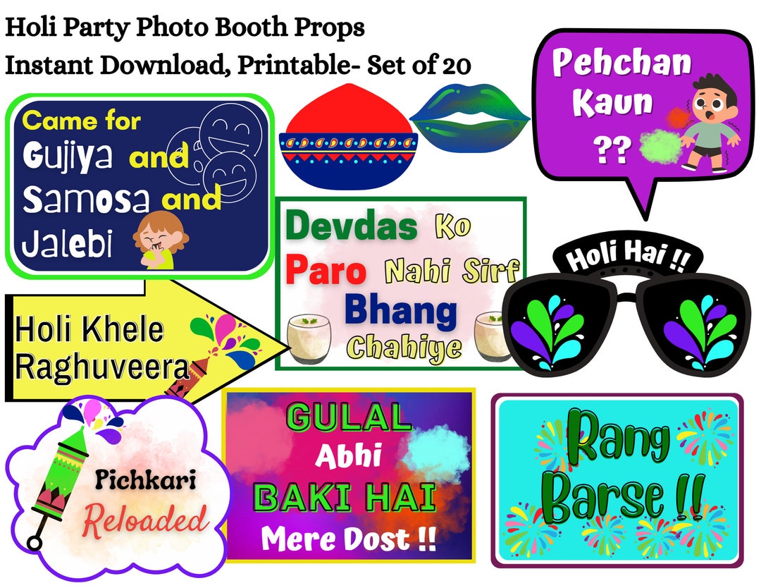 20 Holi Themed Party Props, Holi Photo Booth Props, Indian Festival ...