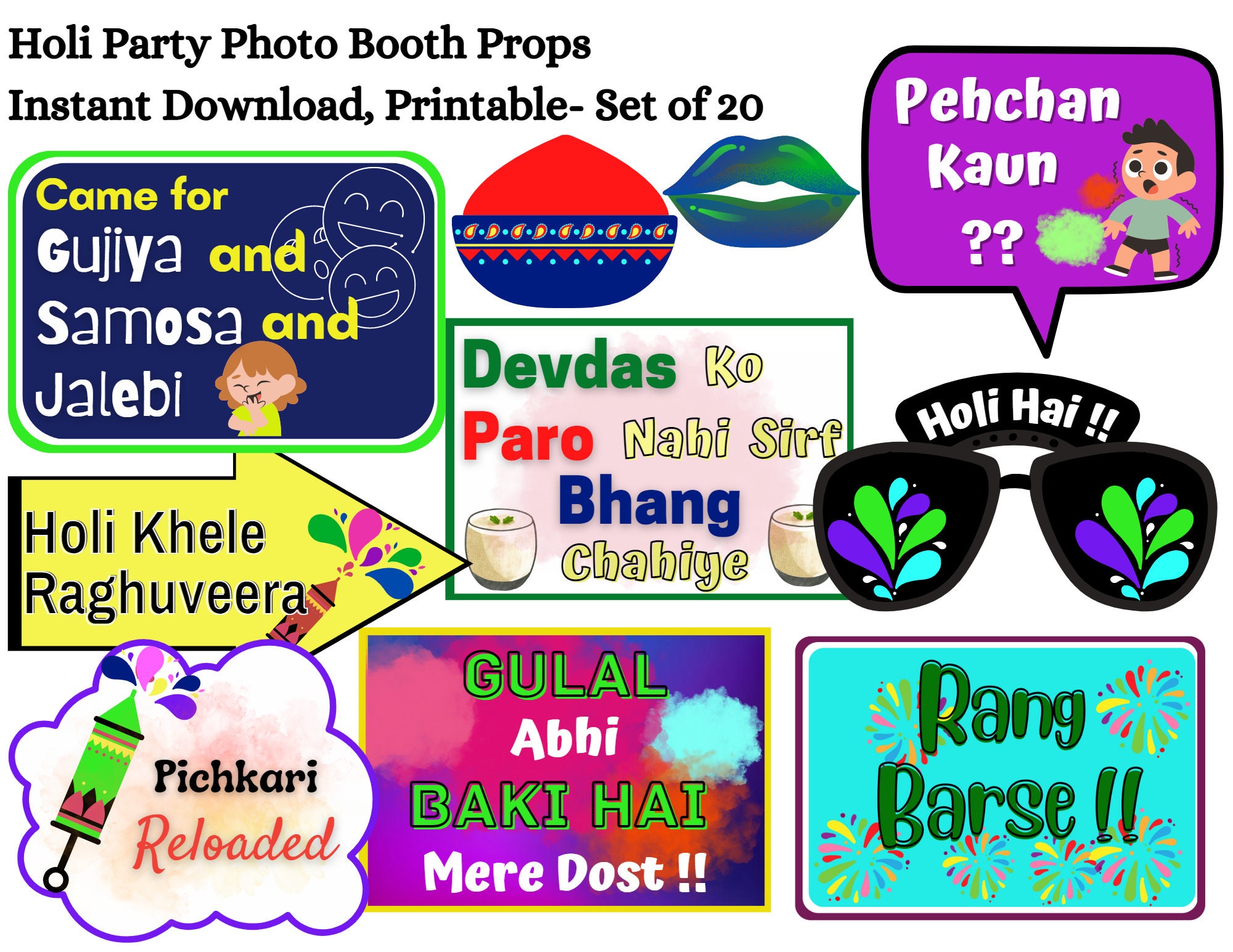 20 Holi Themed Party Props, Holi Photo Booth Props, Indian Festival ...