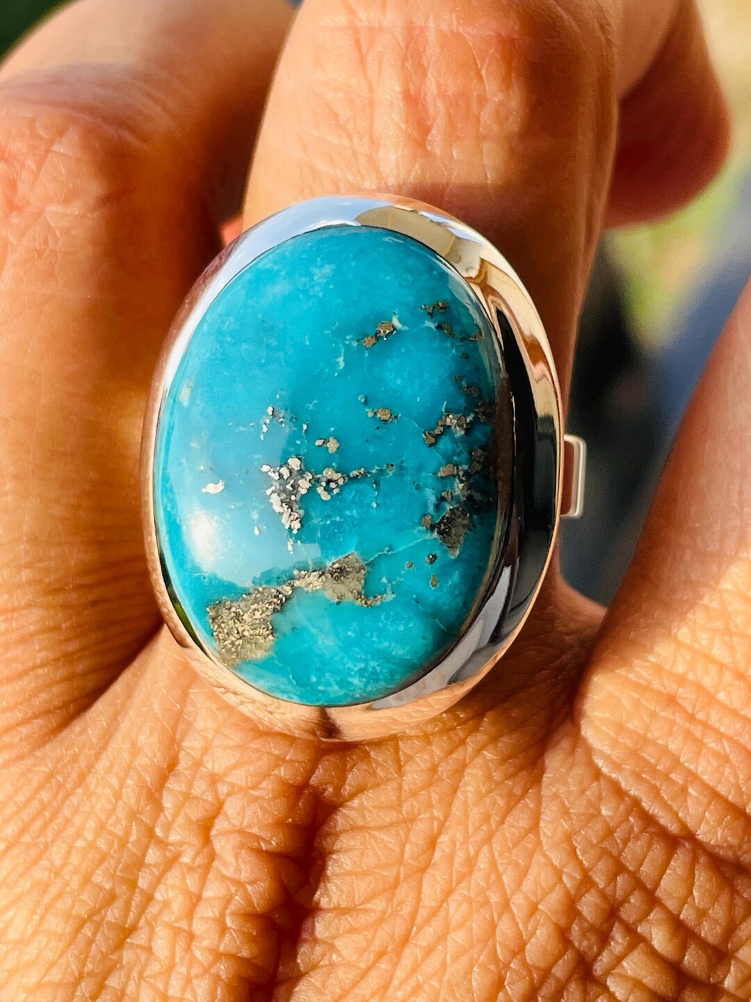 Natural Pyrite in Turquoise Solid 925 Sterling Silver Ring,gemstone ...