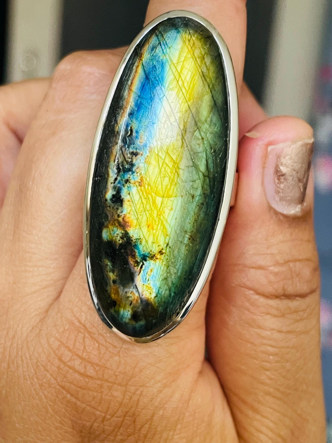 Spectrolite Labradorite Ring,rainbow Color Stone Natural Gemstone,solid ...