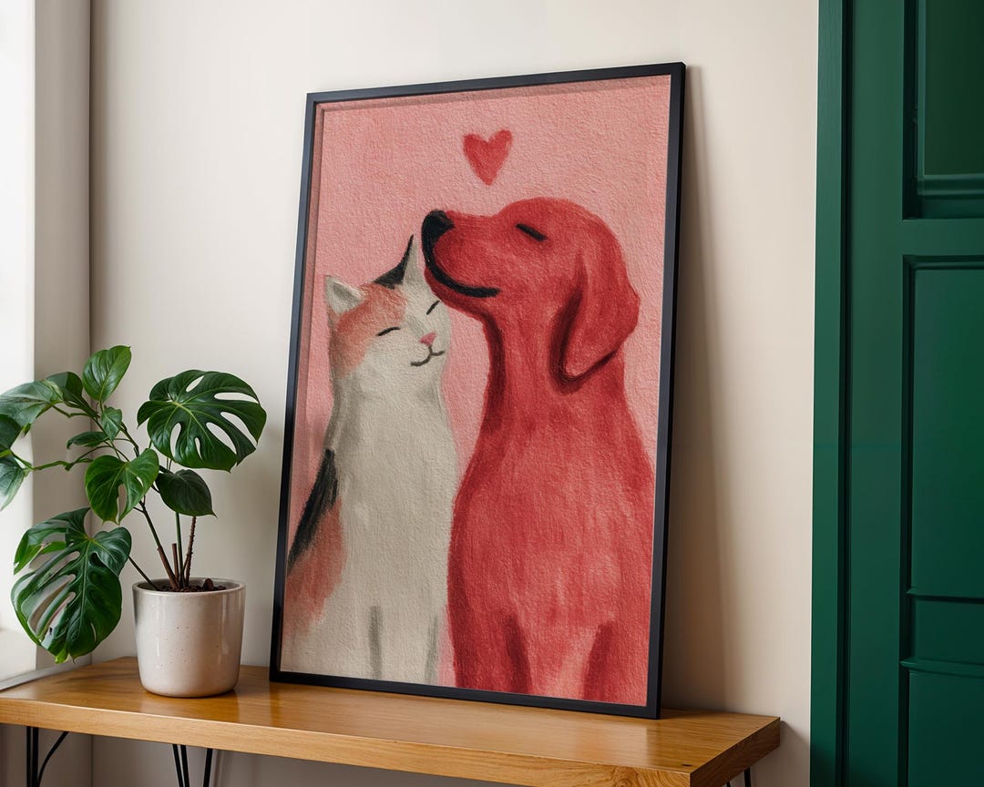 Dog and Cat Love Art Print | Cute Pet Couple Wall Art, Pink Textured ...