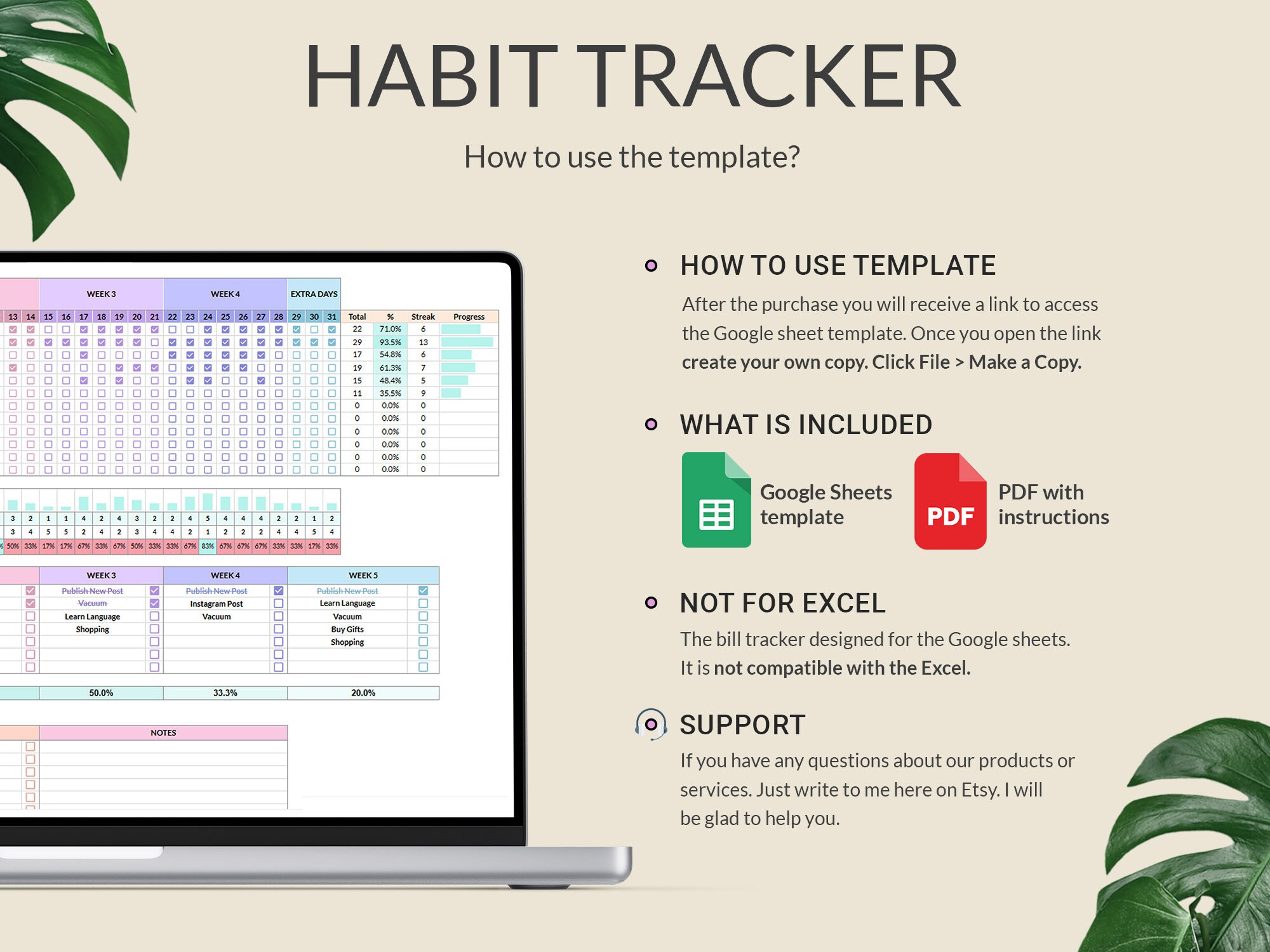 Habit Tracker Spreadsheet Google Sheets Daily Weekly Monthly Annual ...