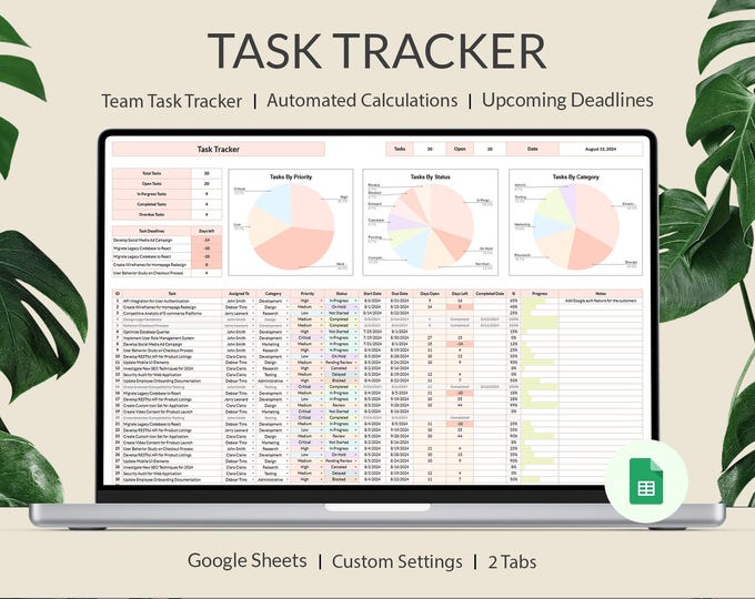 Task Tracker Spreadsheet Template, Task Management Google Sheets, To-do List Productivity ...