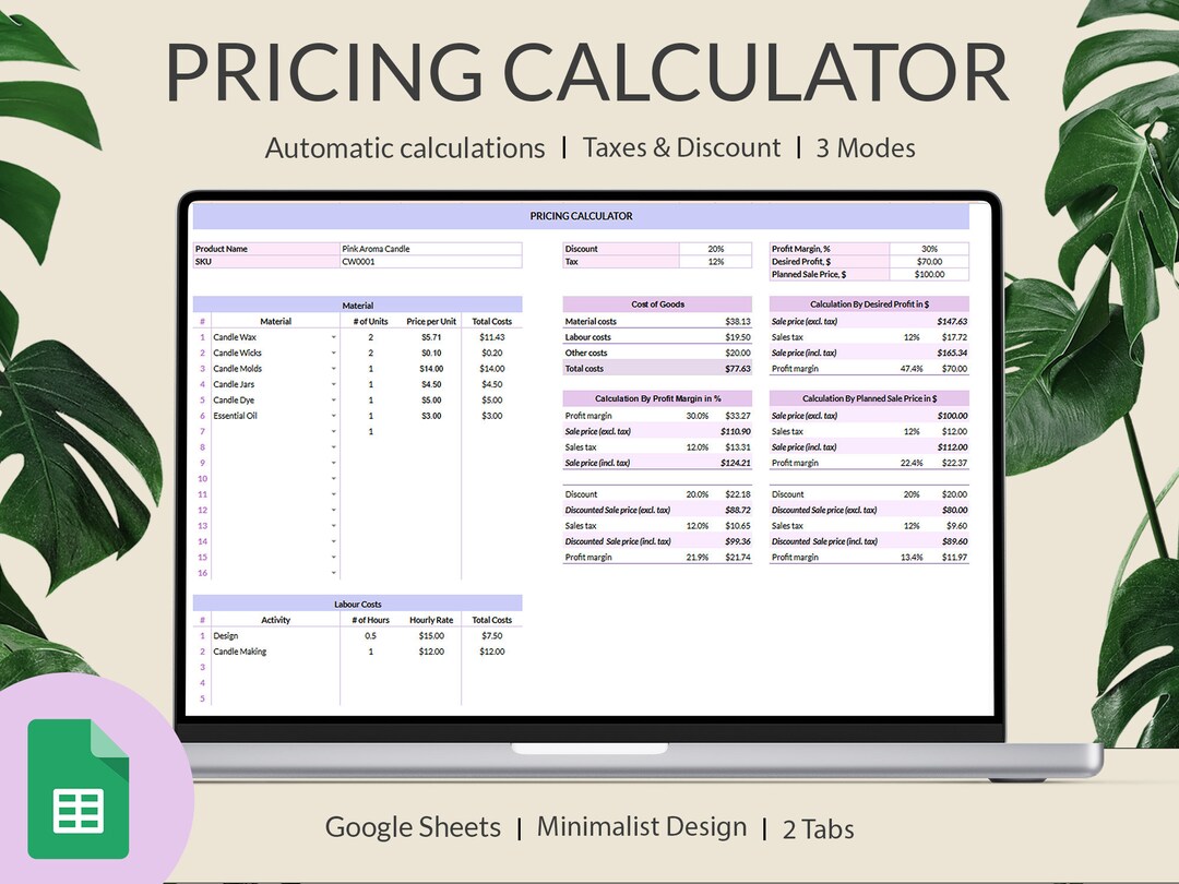 Purple Pricing Calculator Spreadsheet to Price Handmade Products ...