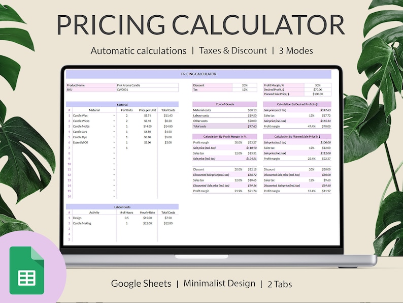 Purple Pricing Calculator Spreadsheet to Price Handmade Products ...