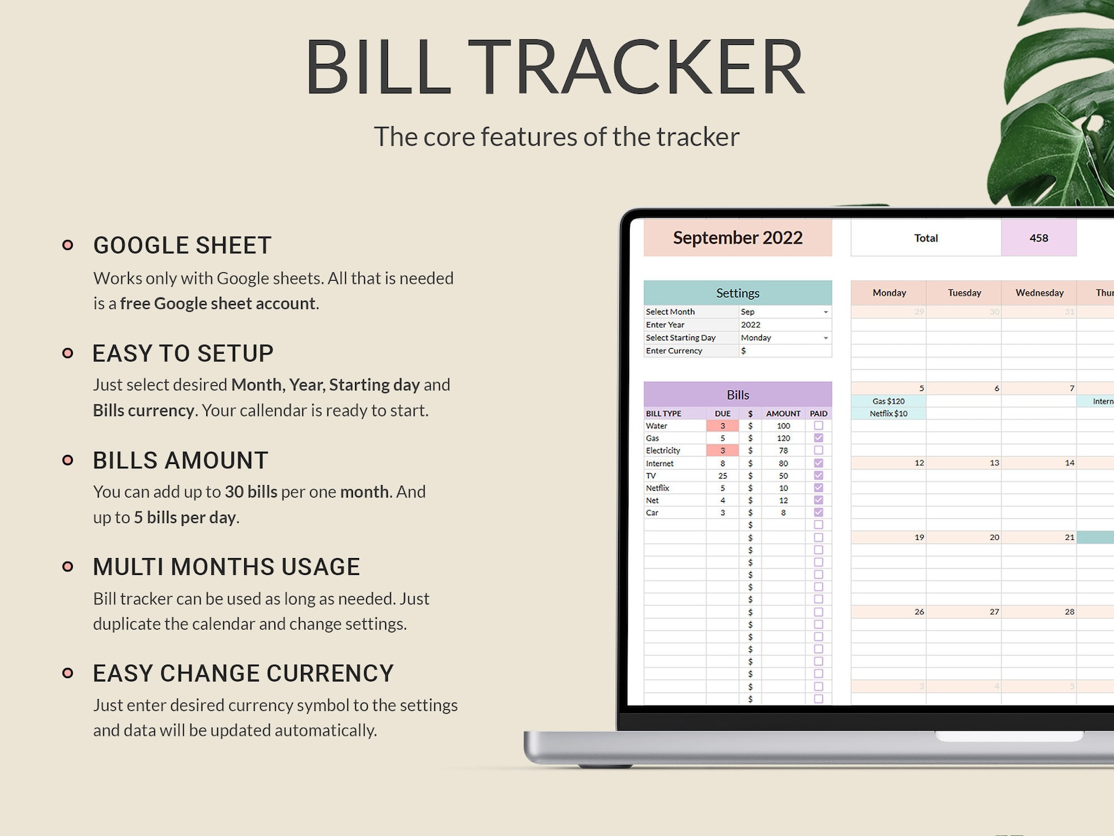 Bill Tracker Spreadsheet, Google Sheets Bill Calendar, Automated ...