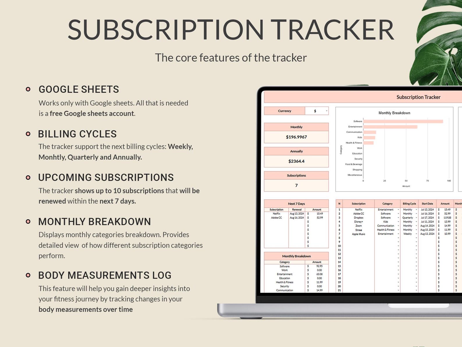 Simple Subscription Tracker Google Sheets Spreadsheet, Monthly ...