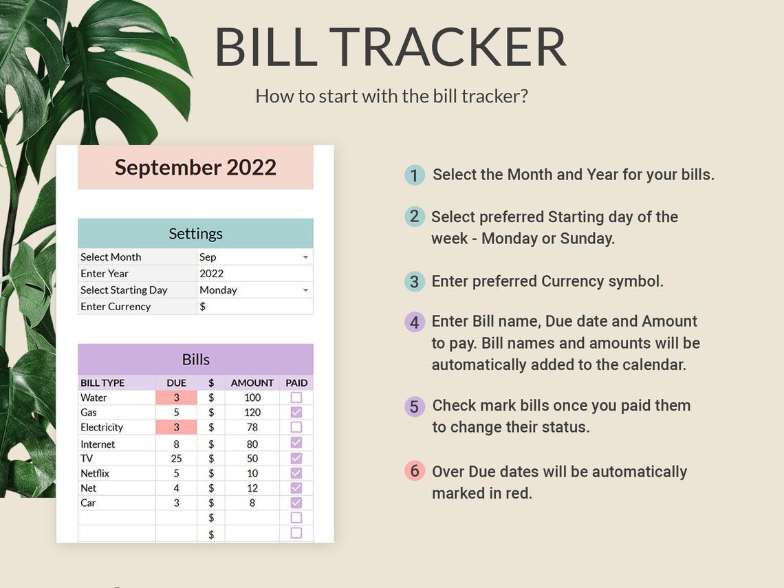 Bill Tracker Spreadsheet, Google Sheets Bill Calendar, Automated ...