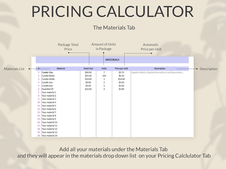 Purple Pricing Calculator Spreadsheet to Price Handmade Products ...