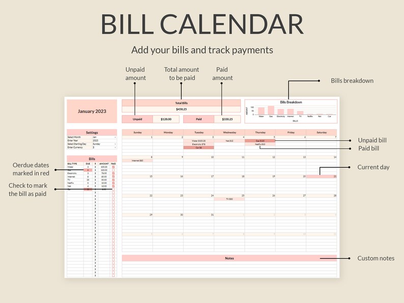 Bill Tracker Spreadsheet, Google Sheets Bill Calendar, Monthly Bill ...