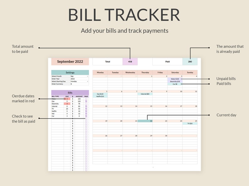 Bill Tracker Spreadsheet, Google Sheets Bill Calendar, Automated ...