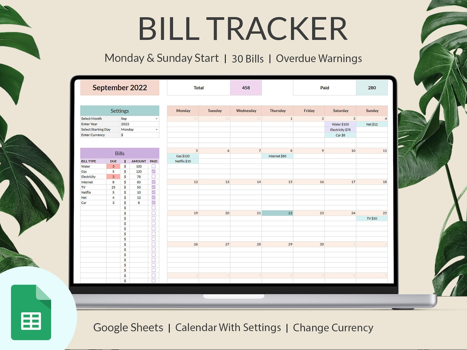 Bill Tracker Spreadsheet, Google Sheets Bill Calendar, Automated ...