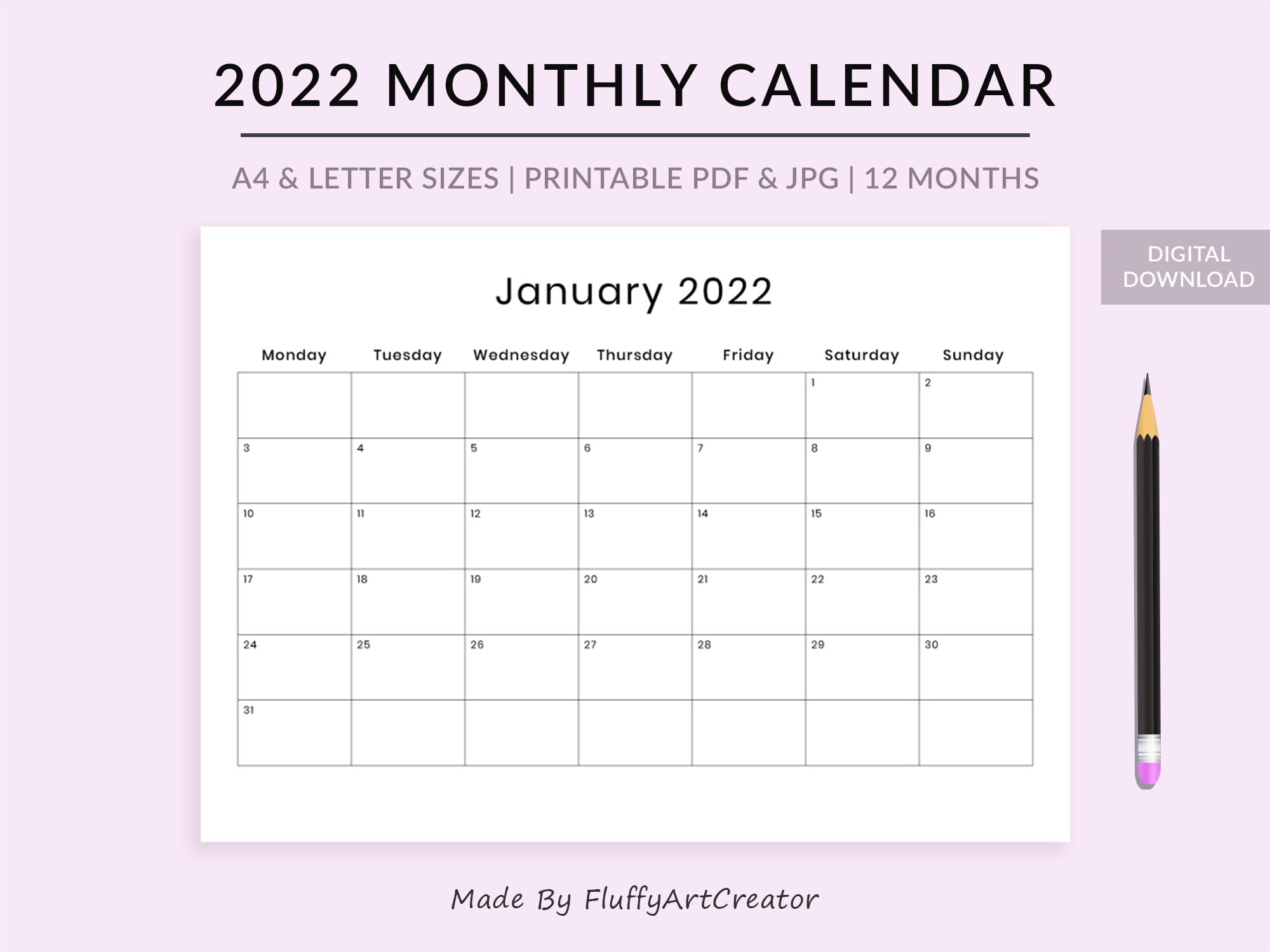 2022 Monthly Calendar Template Printable Calendar Landscape | Etsy ...