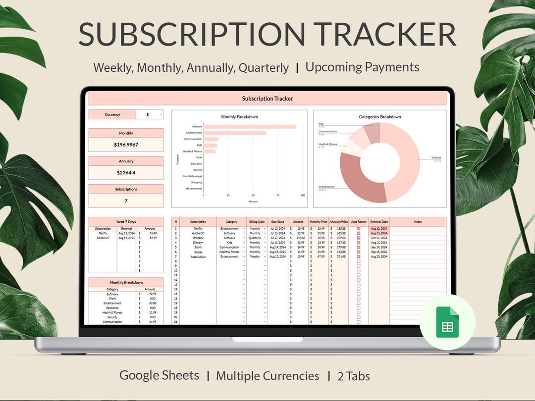 Simple Subscription Tracker Google Sheets Spreadsheet, Monthly ...