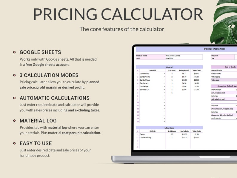 Purple Pricing Calculator Spreadsheet to Price Handmade Products ...