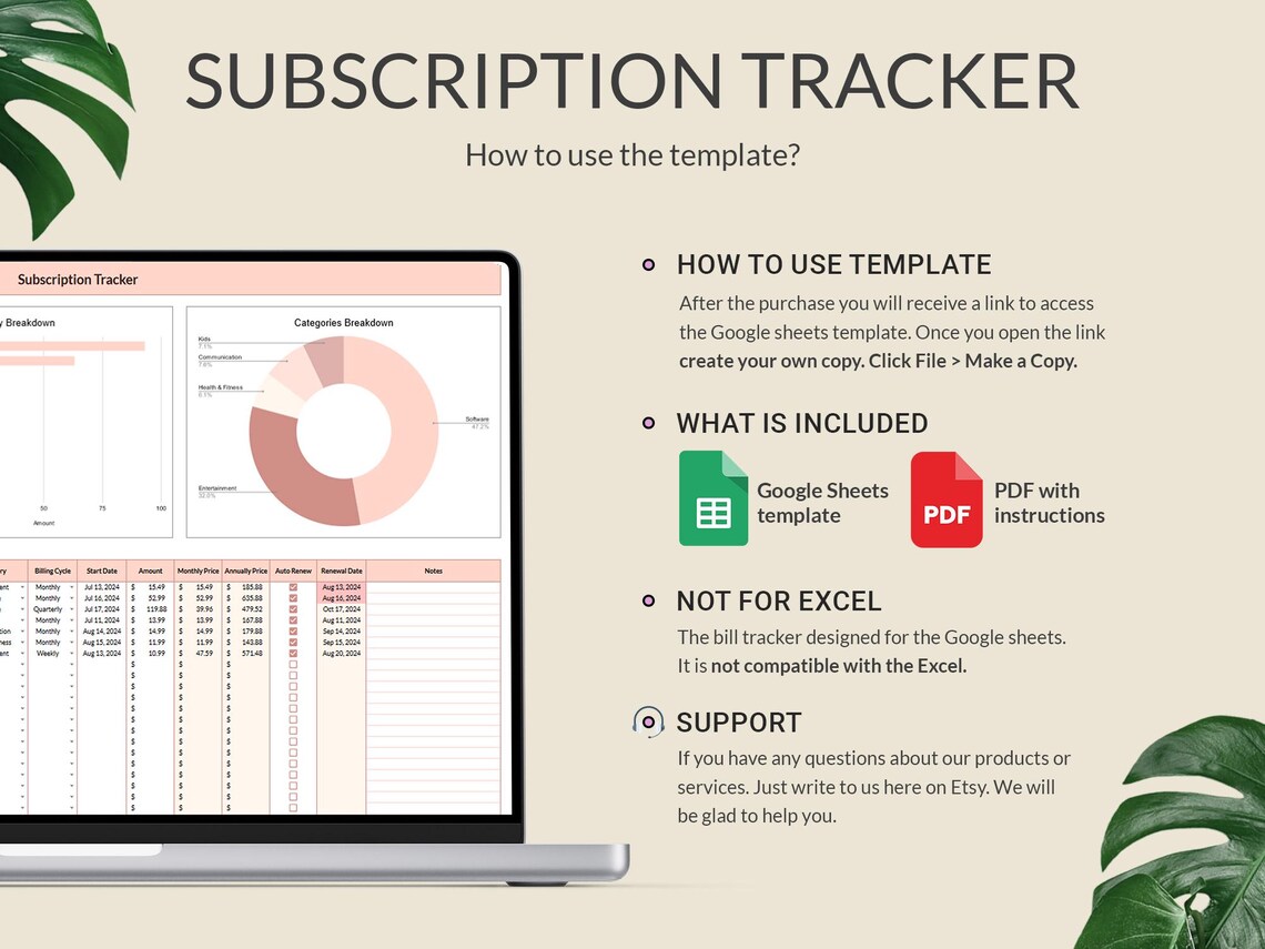 Simple Subscription Tracker Google Sheets Spreadsheet, Monthly ...
