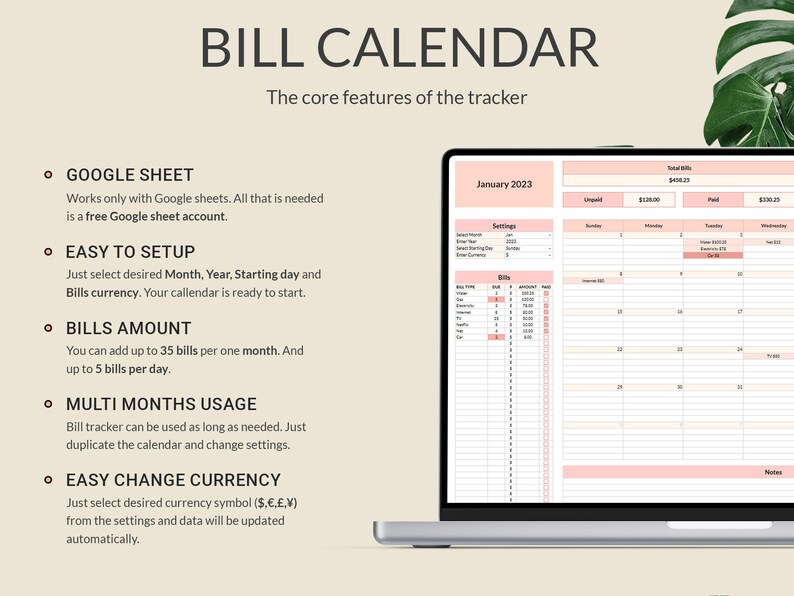 Bill Tracker Spreadsheet, Google Sheets Bill Calendar, Monthly Bill ...