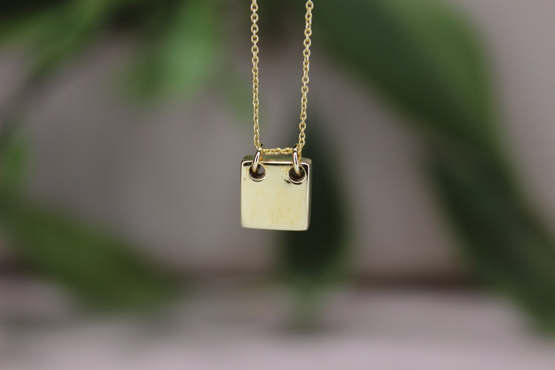 14K Real Gold Square Gold Bar Necklace, Square Gold Box Necklace ...