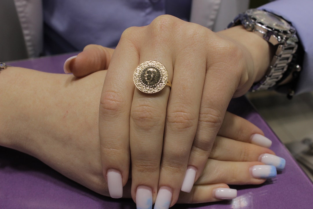 22K and 14K Gold Turkish Coin Ring, Gold Signet Ring, Statement Gold ...