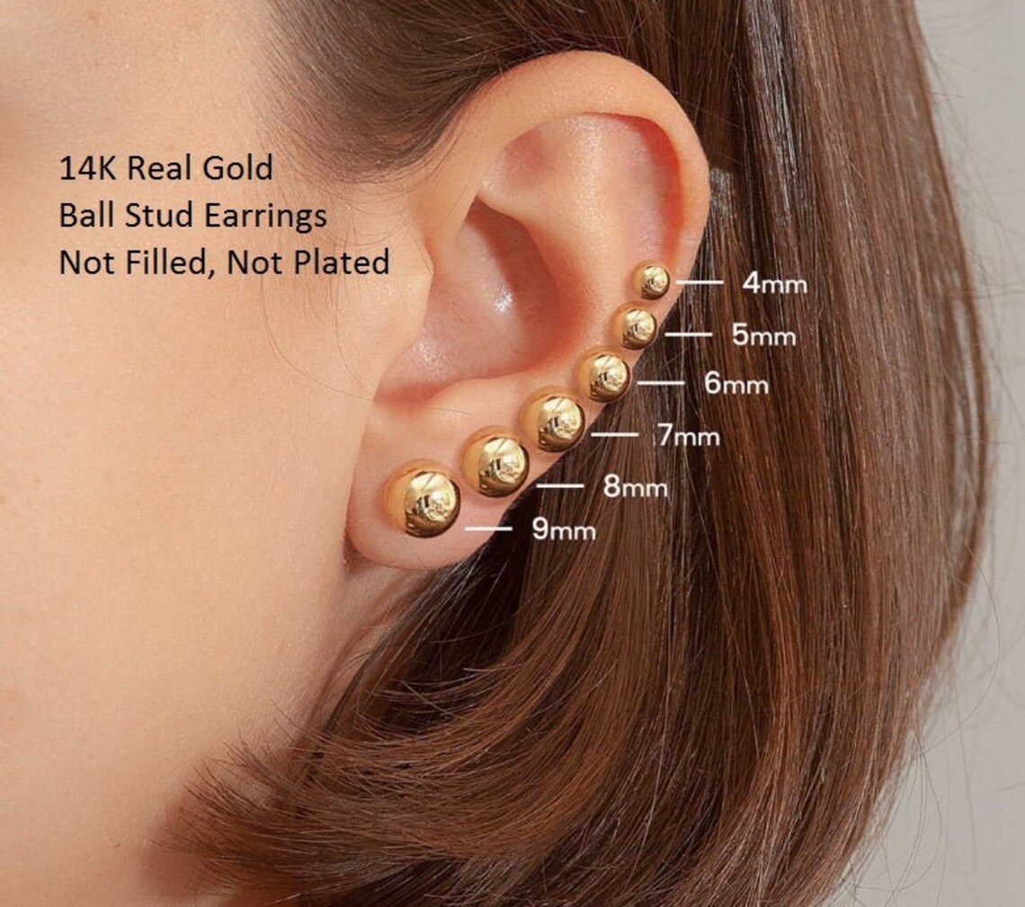 14K Real Gold Ball Earring Ball Stud Earrings Women Ball | Etsy