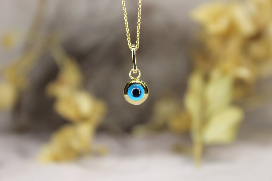 14K Solid Gold Evil Eye Pendant Necklace, Dainty Evil Eye Pendant, Talisman Eye Necklace, Blue ...