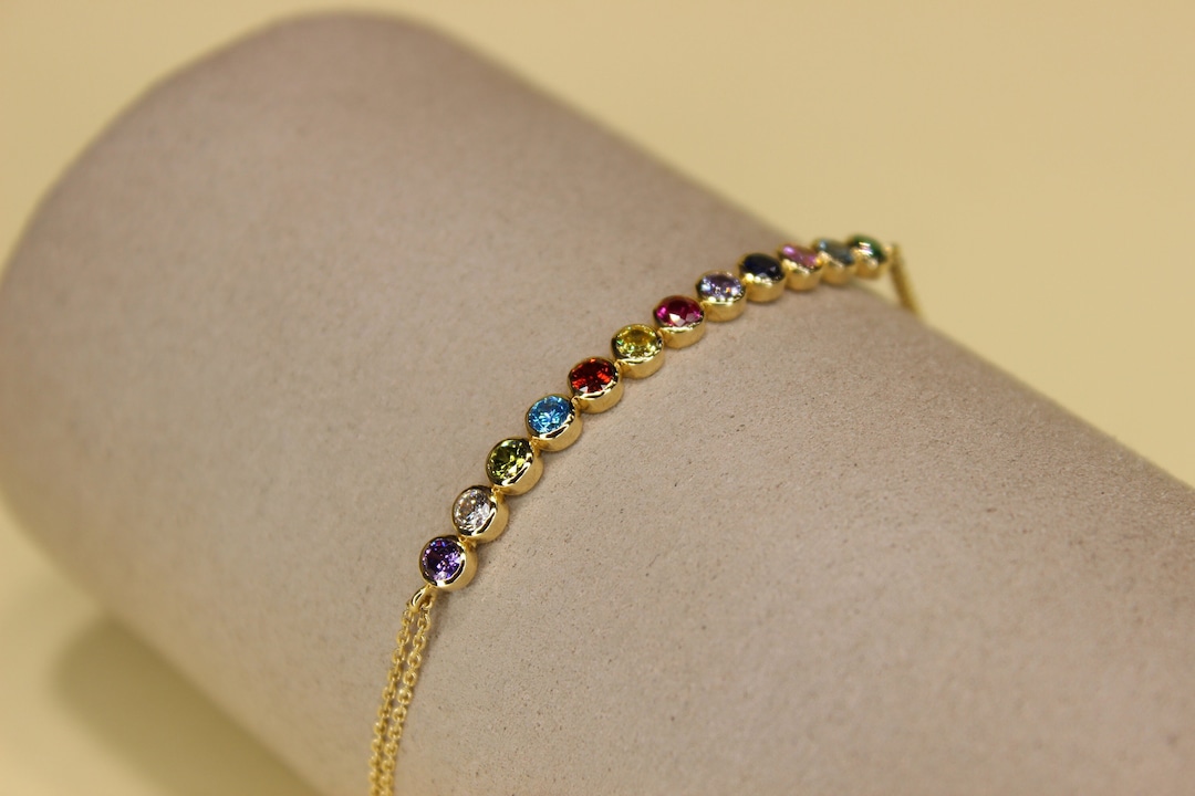 14K Gold Birthstone Bracelet, Real Gold Colorful Birthstone CZ Bracelet ...