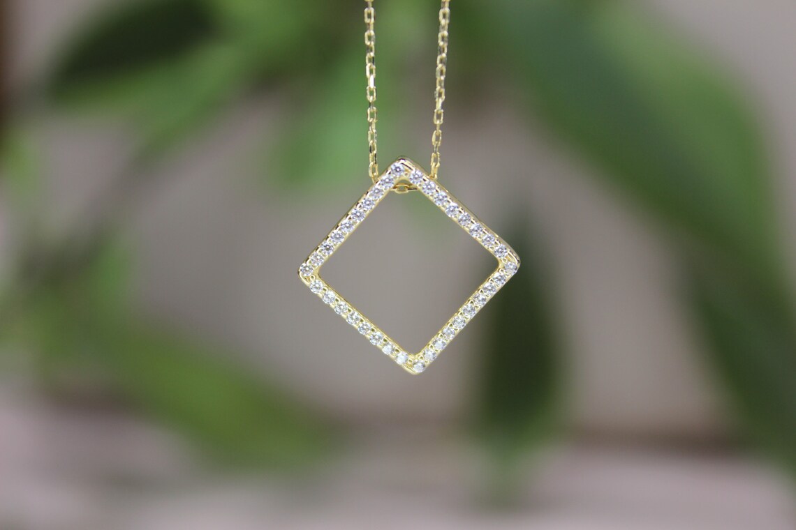 Real Gold Square Necklace, 14K Solid Gold Square Necklace, Geometric ...