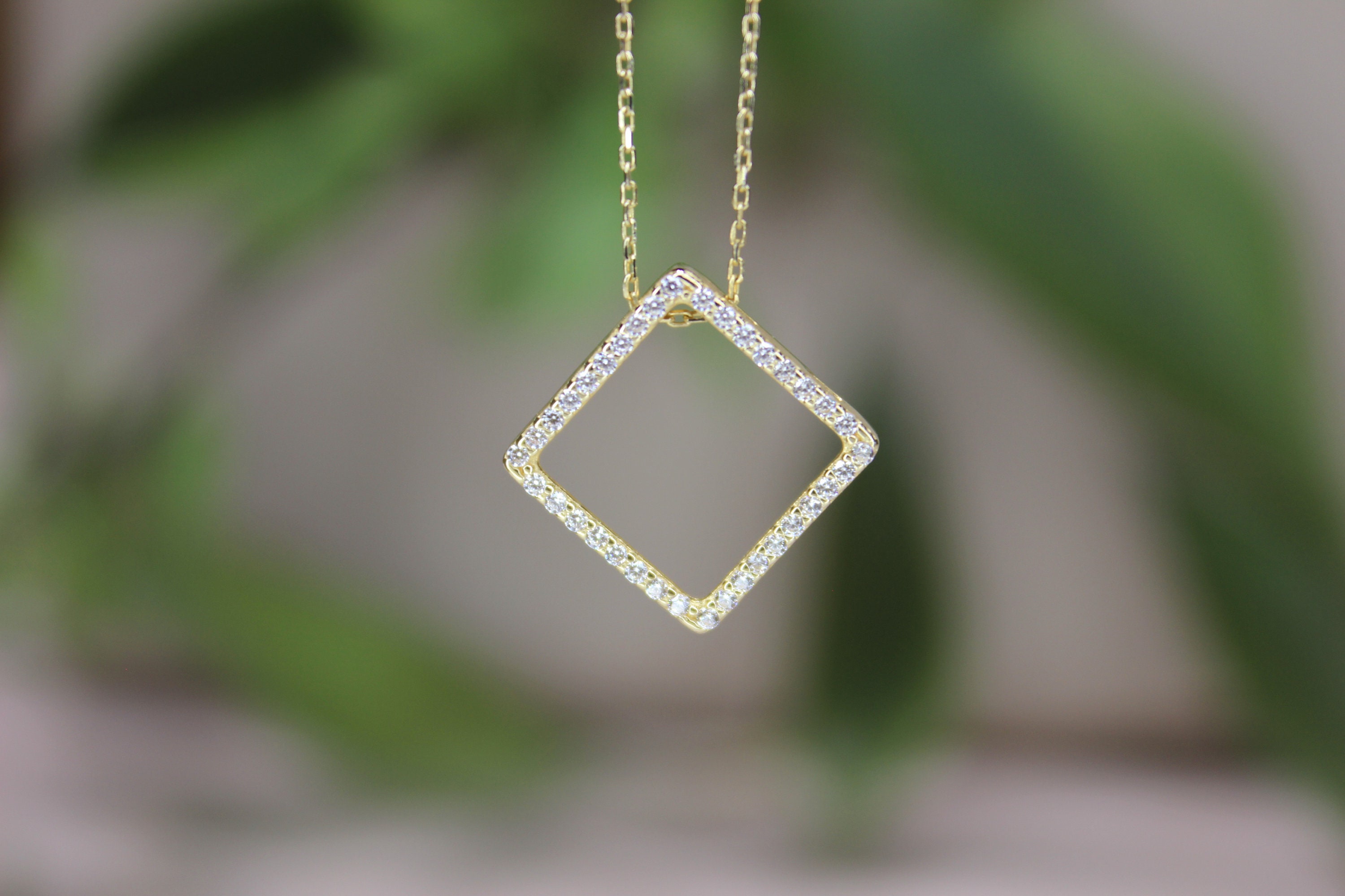 Real Gold Square Necklace 14K Solid Gold Square - Etsy