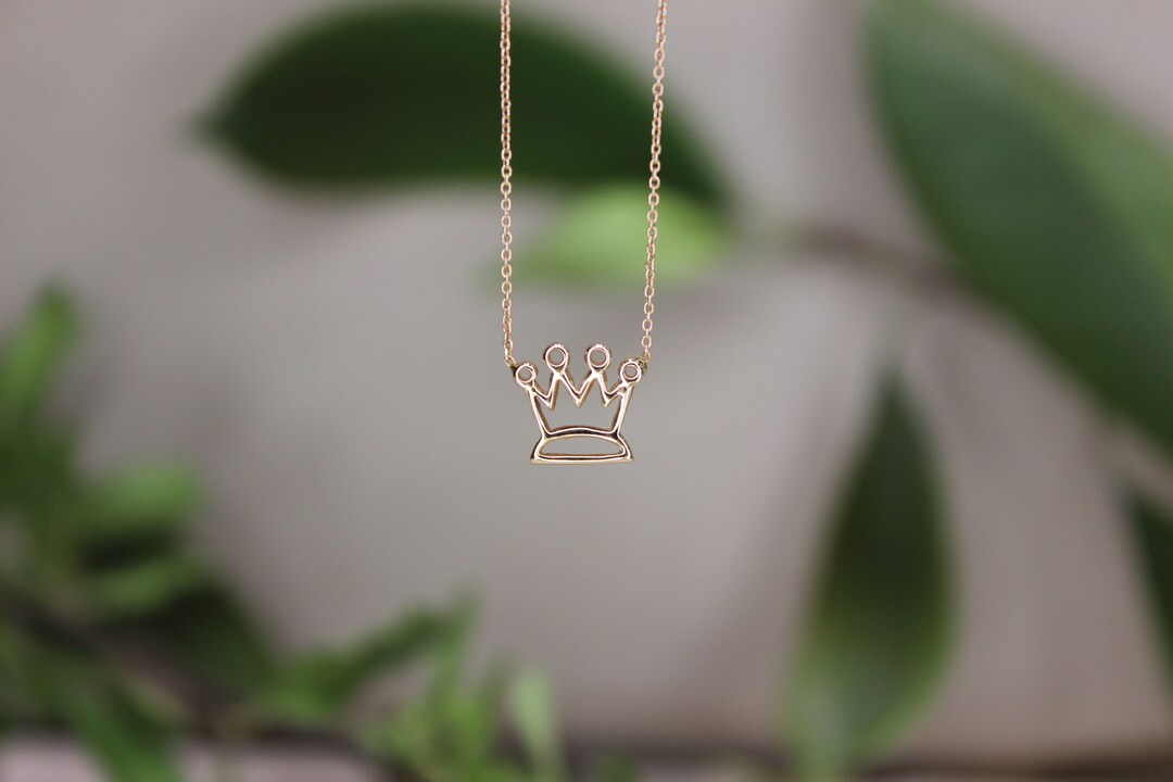 14K Real Gold Crown Necklace, Solid Gold Princess Necklace, Minimalist ...