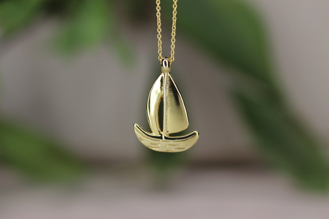 14K Solid Gold Sailboat Necklace, Nautical Jewelry, Sailor Necklace ...
