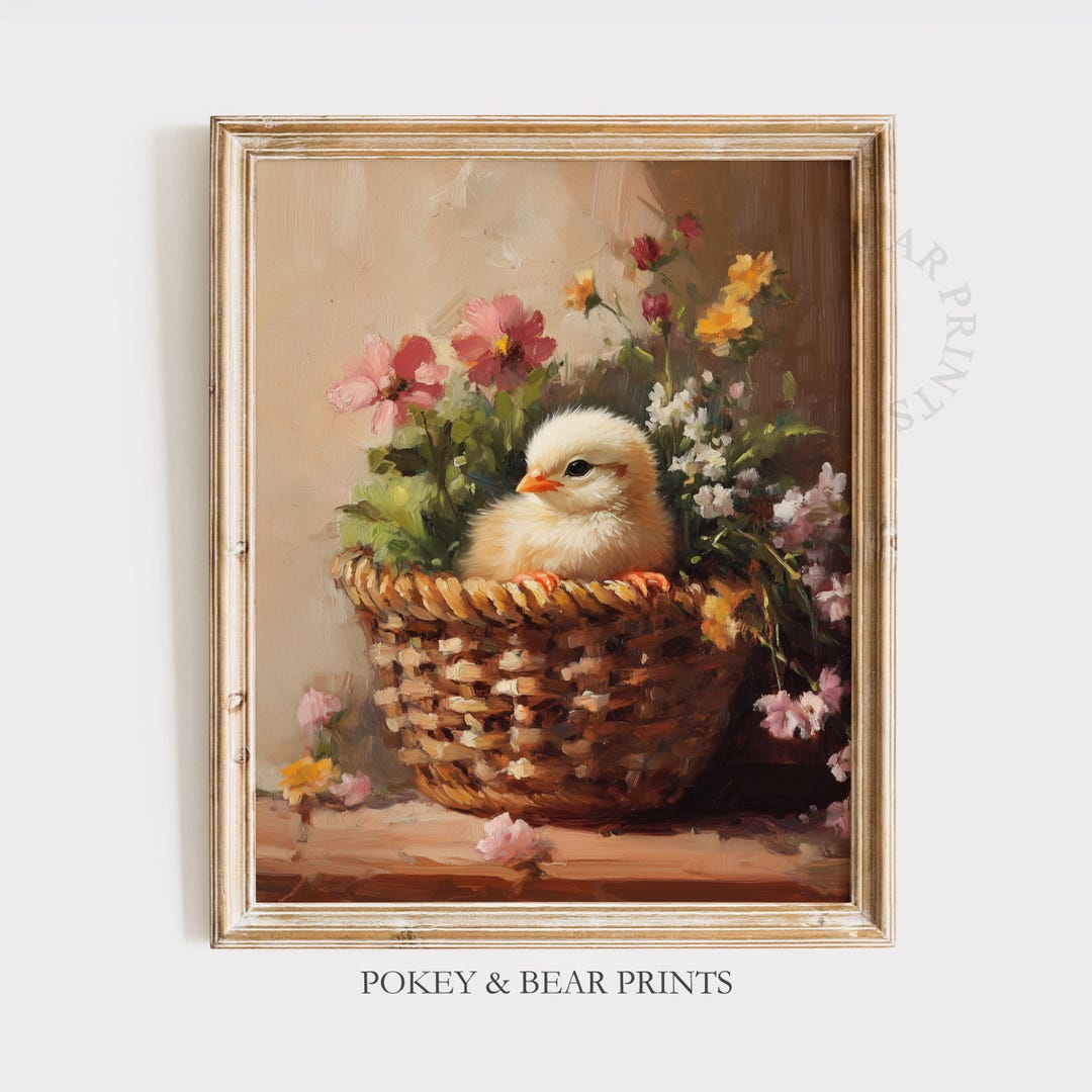 Cottagecore Chick in Flower Basket, Vintage Farmhouse Still Life, Cozy ...