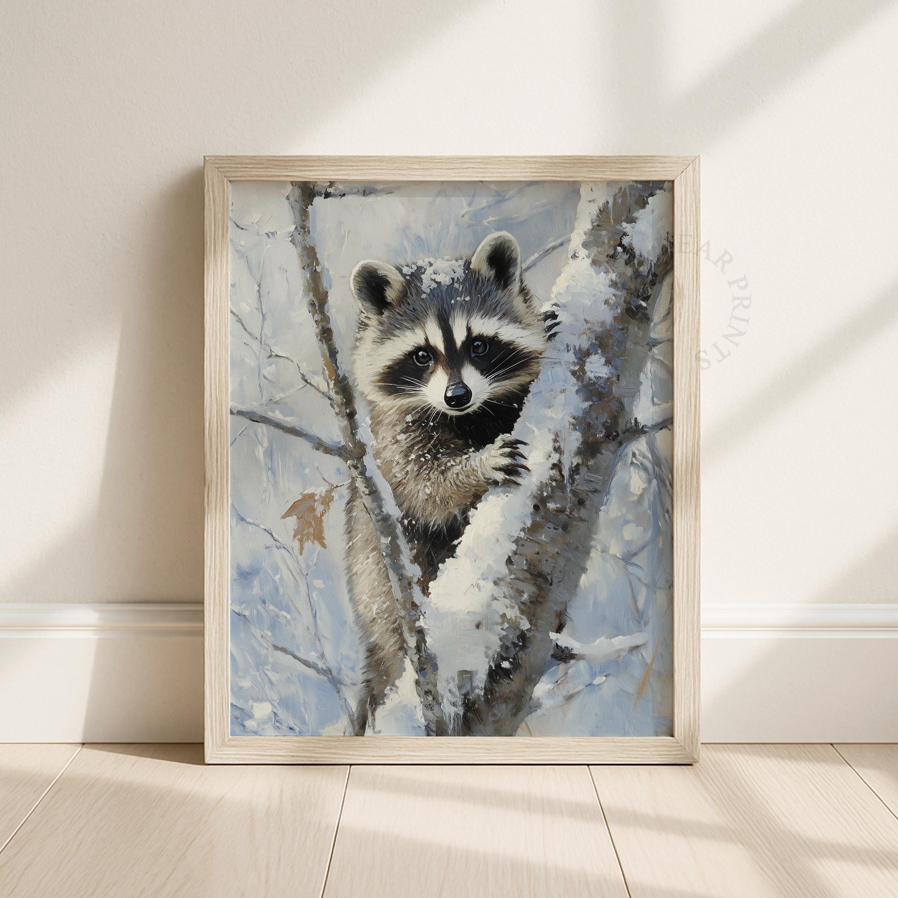 Printable Raccoon in Frosty Winter Landscape, Woodland Oil Painting ...