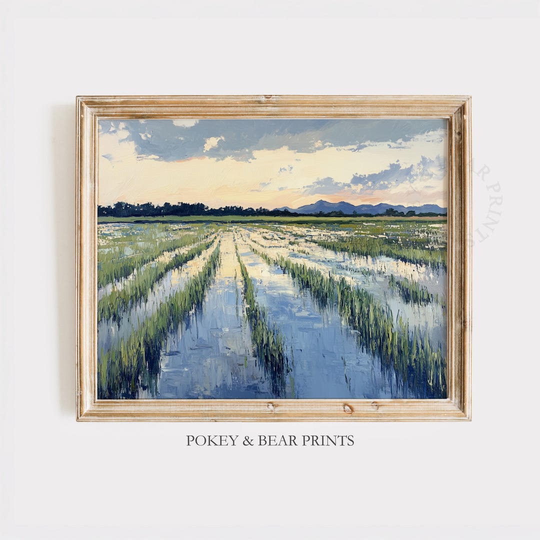 Printable Rustic Rice Paddy Landscape, Tranquil Countryside Art ...