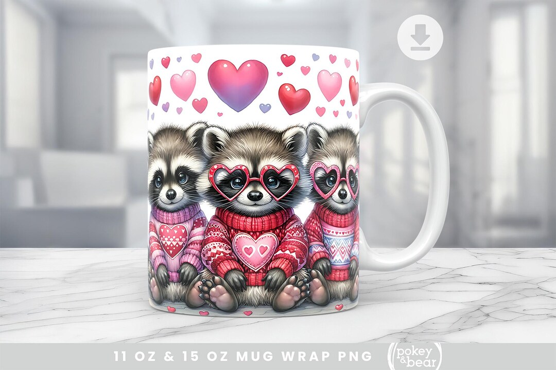 Valentine's Day Mug Wrap Raccoon Mug Png Sublimation Design 11oz Mug ...