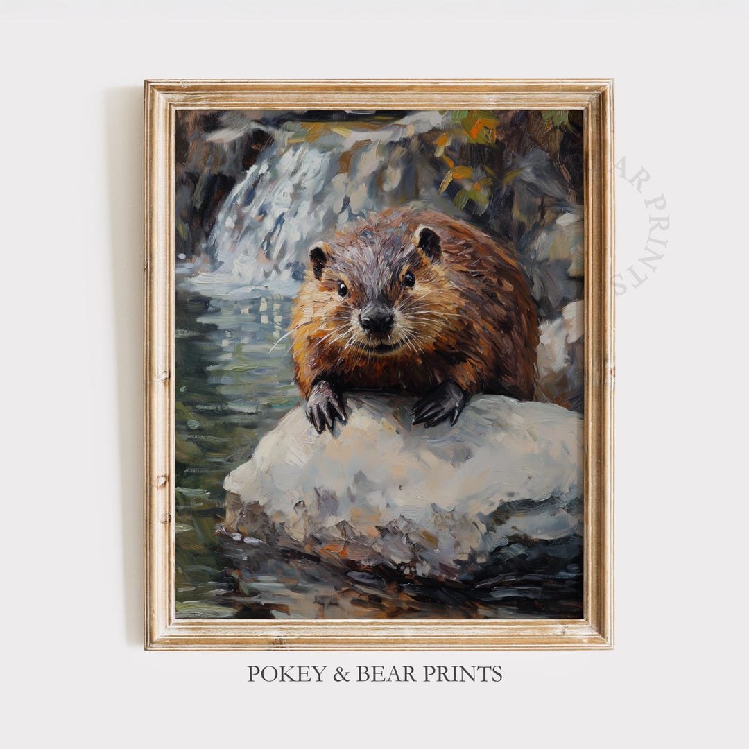 Rustic Beaver Art, Printable Wildlife Wall Decor, Moody Nature Scene ...