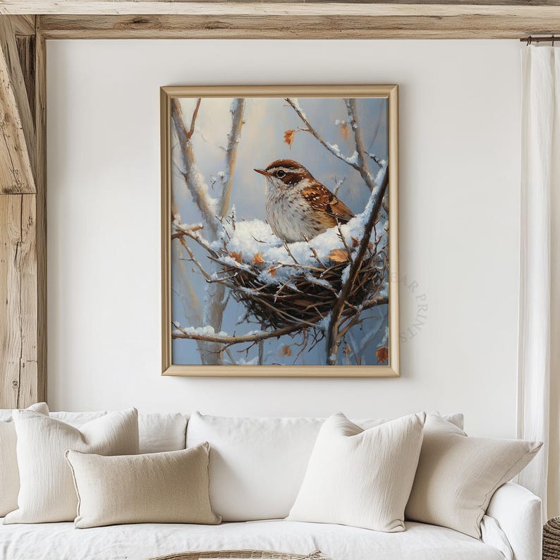 Printable Winter Wren in Snowy Nest, Rustic Bird Wall Art, Serene ...