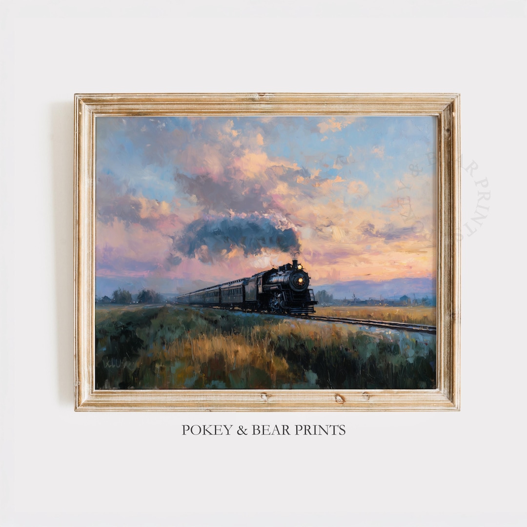 Printable Vintage Railroad Scene, Warm Moody Train Painting, Nostalgic ...