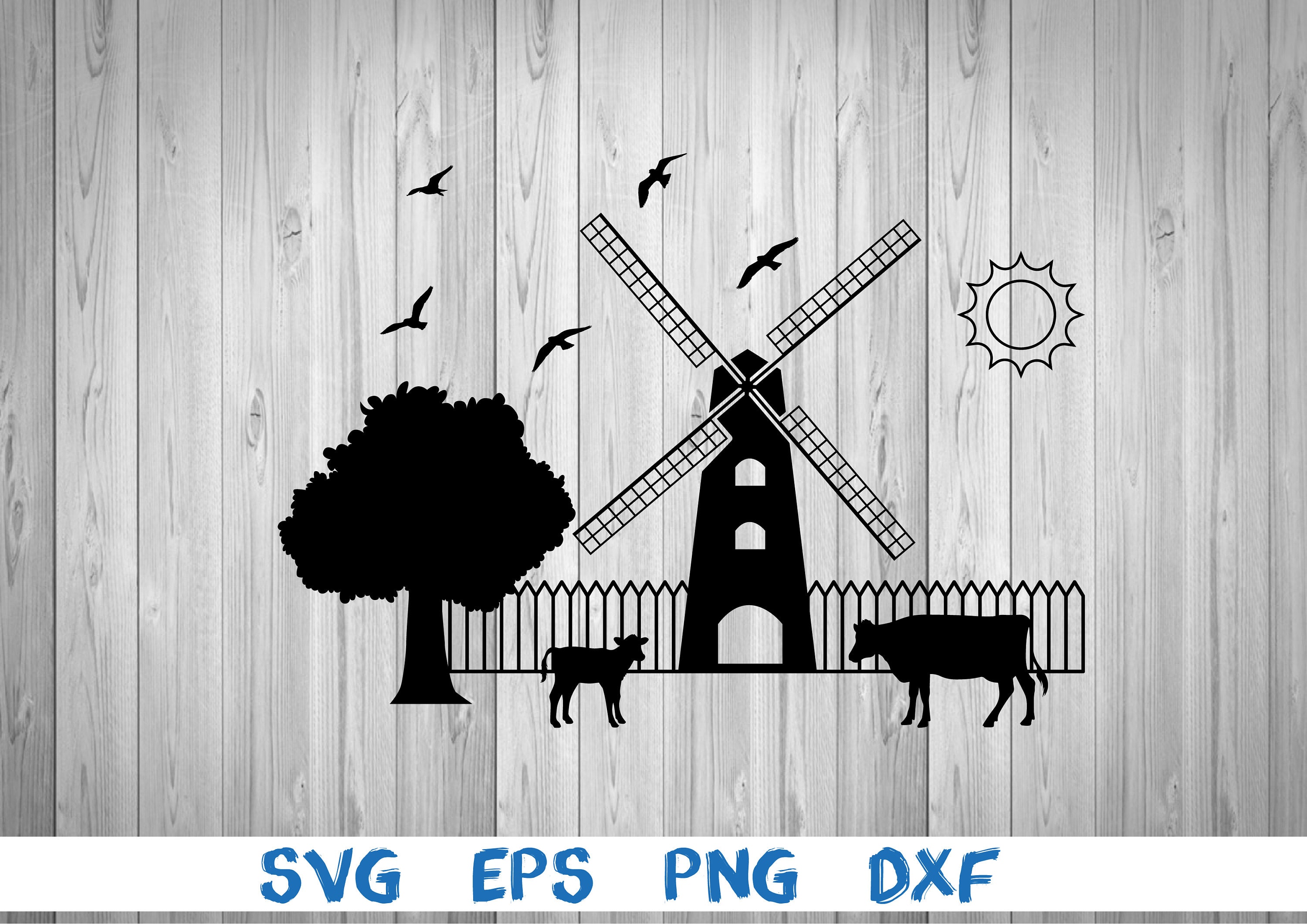 Farm, Bull, Cow, Calf, Windmill, Birds, Sun, Landscape, Silhouette ...