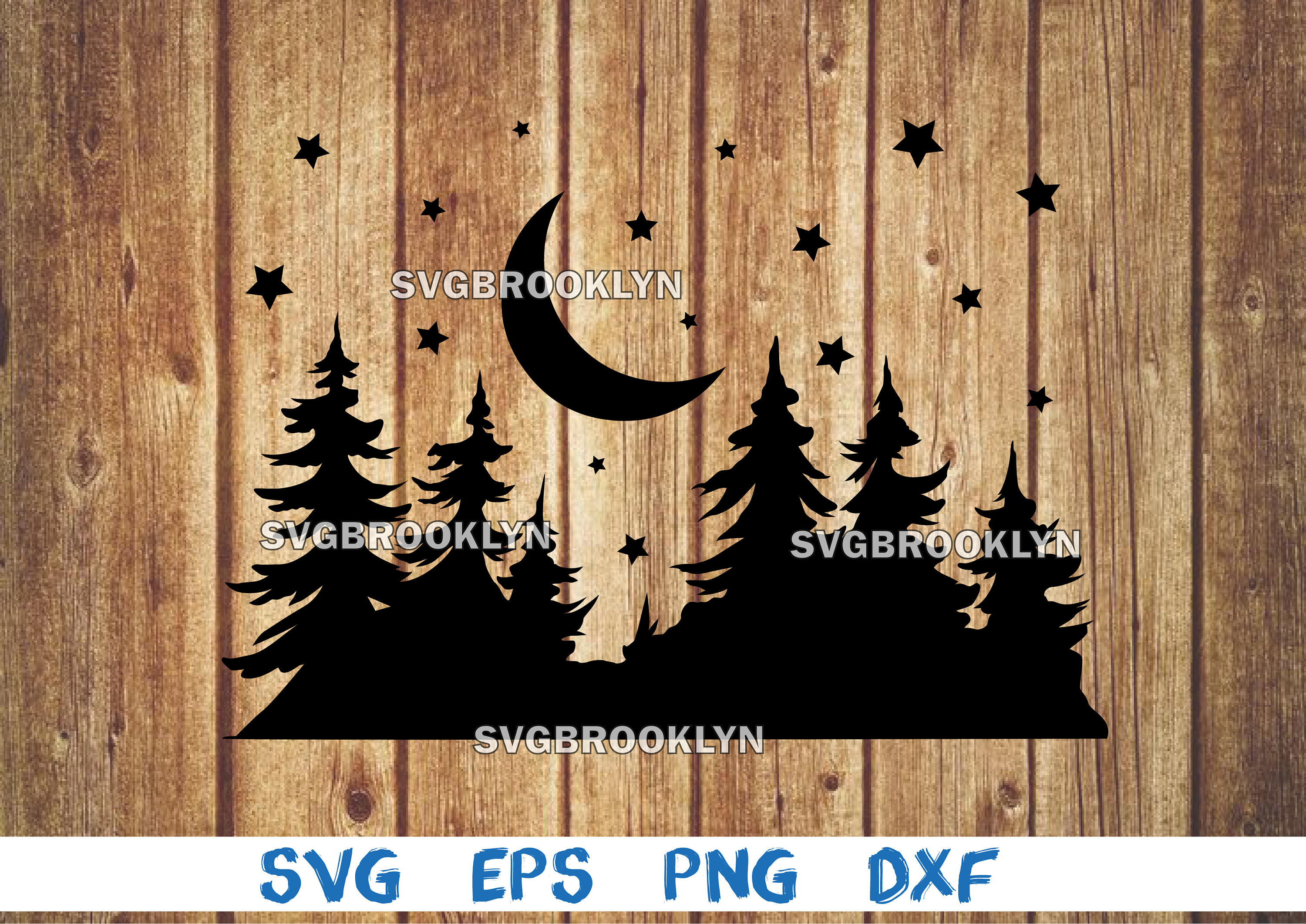 Starry Night, Forest, Crescent Moon, Stars, Silhouette, Svg, Eps, Png ...