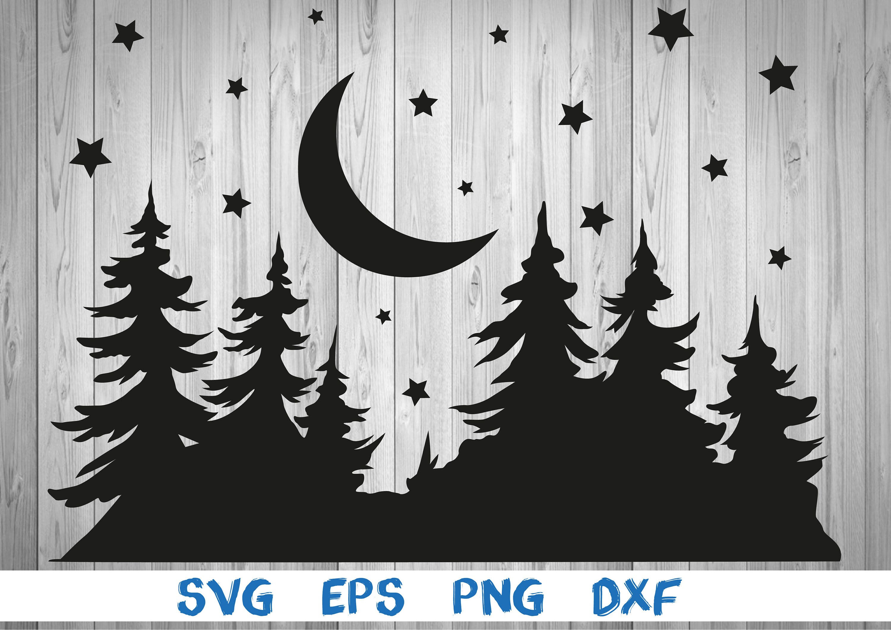 Starry night forest crescent moon stars silhouette svg | Etsy