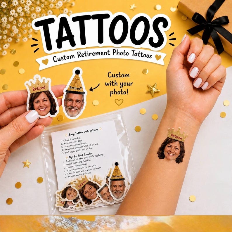 Custom Retirement Photo Tattoos, Personalized Funny Face Party Favors ...