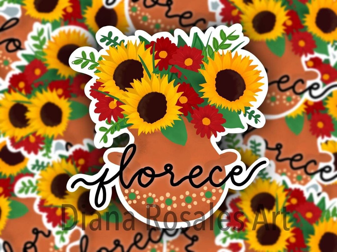 Florece Sticker With Sunflower Bouquet in Mexican Jarra | Bloom Spanish ...