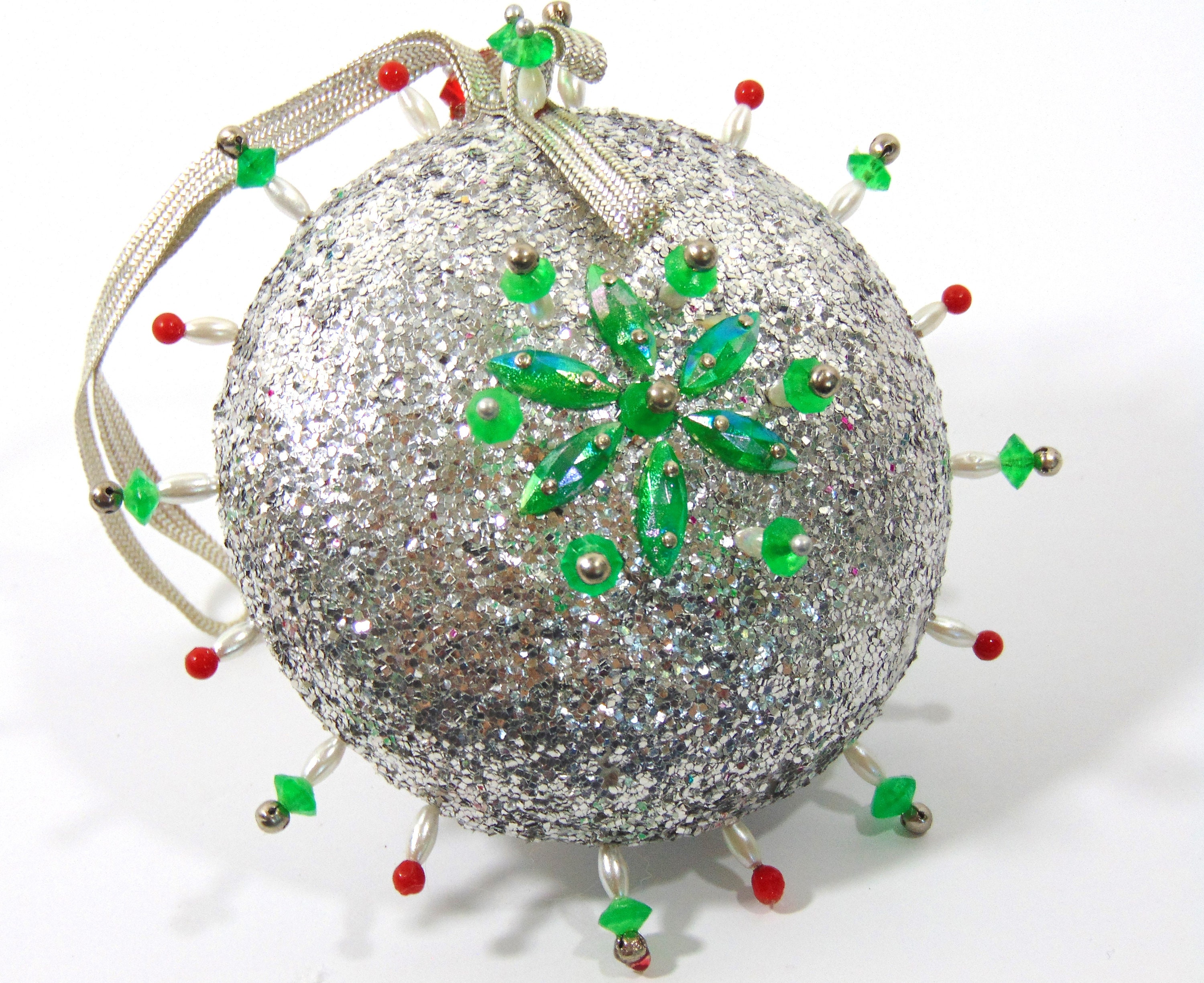 Vintage Christmas Ornament Handmade Jeweled Push Pin Silver Beaded 4.5w ...
