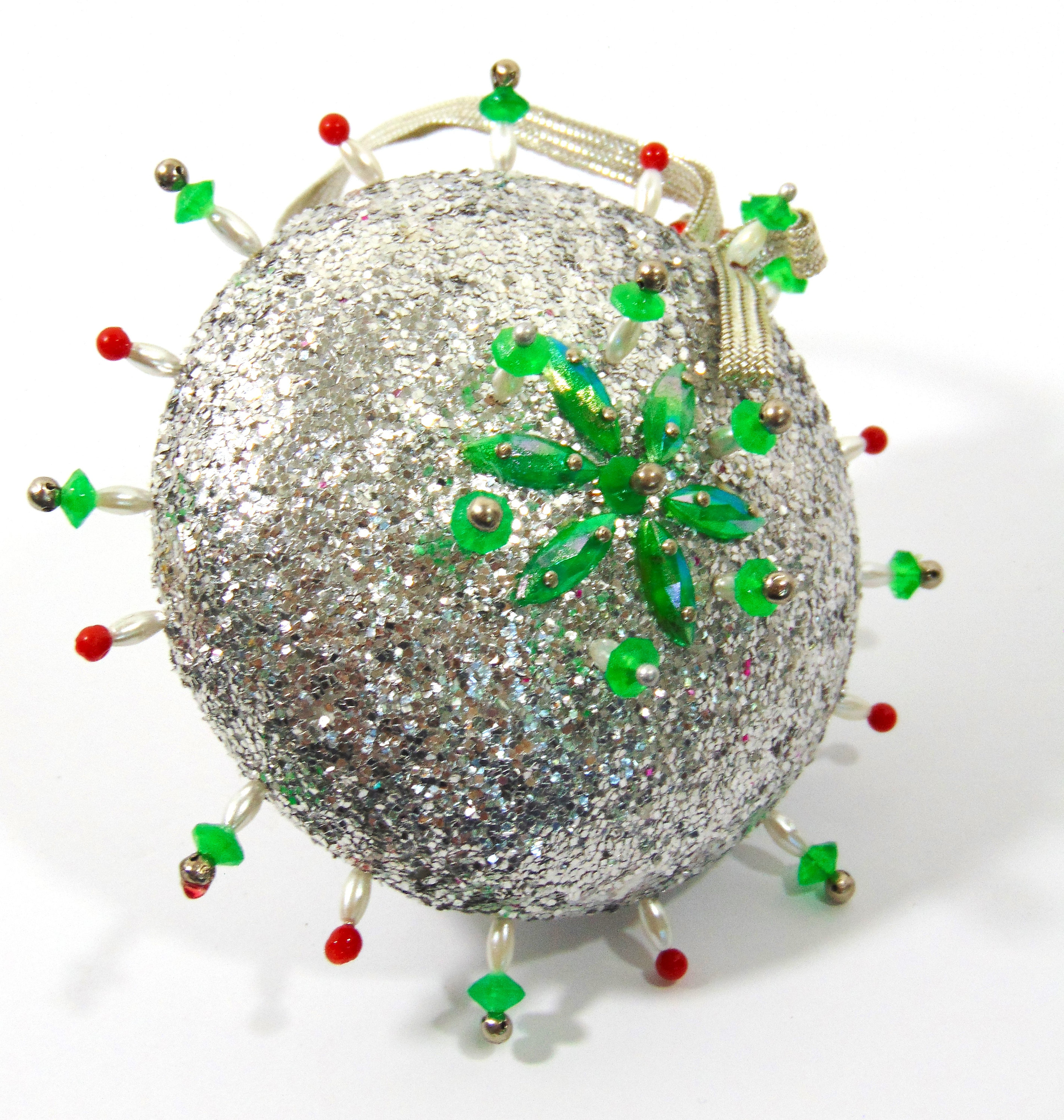 Vintage Christmas Ornament Handmade Jeweled Push Pin Silver Beaded 4.5w ...