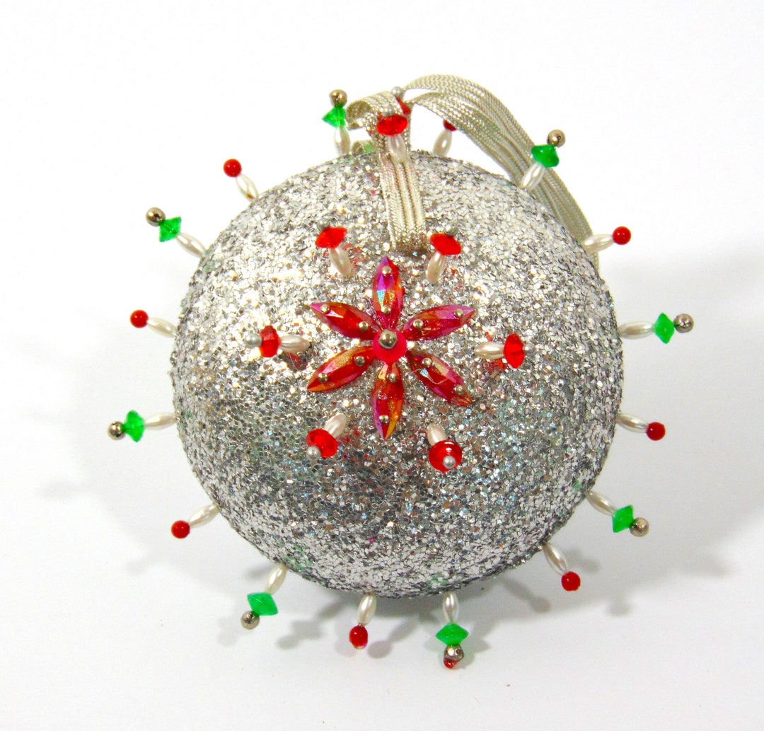Vintage Christmas Ornament Handmade Jeweled Push Pin Silver Beaded 4.5 ...