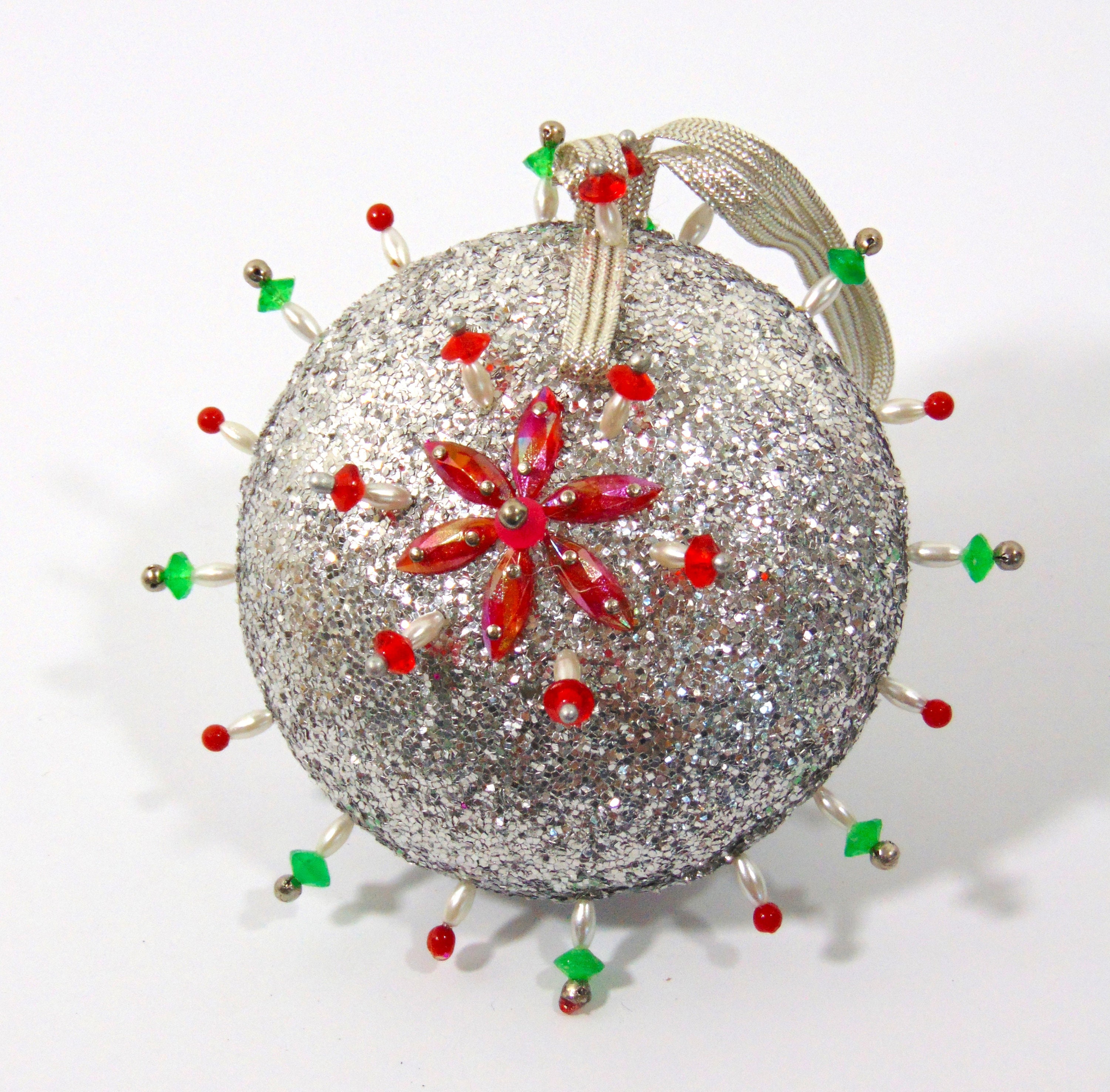 Vintage Christmas Ornament Handmade Jeweled Push Pin Silver Beaded 4.5w ...