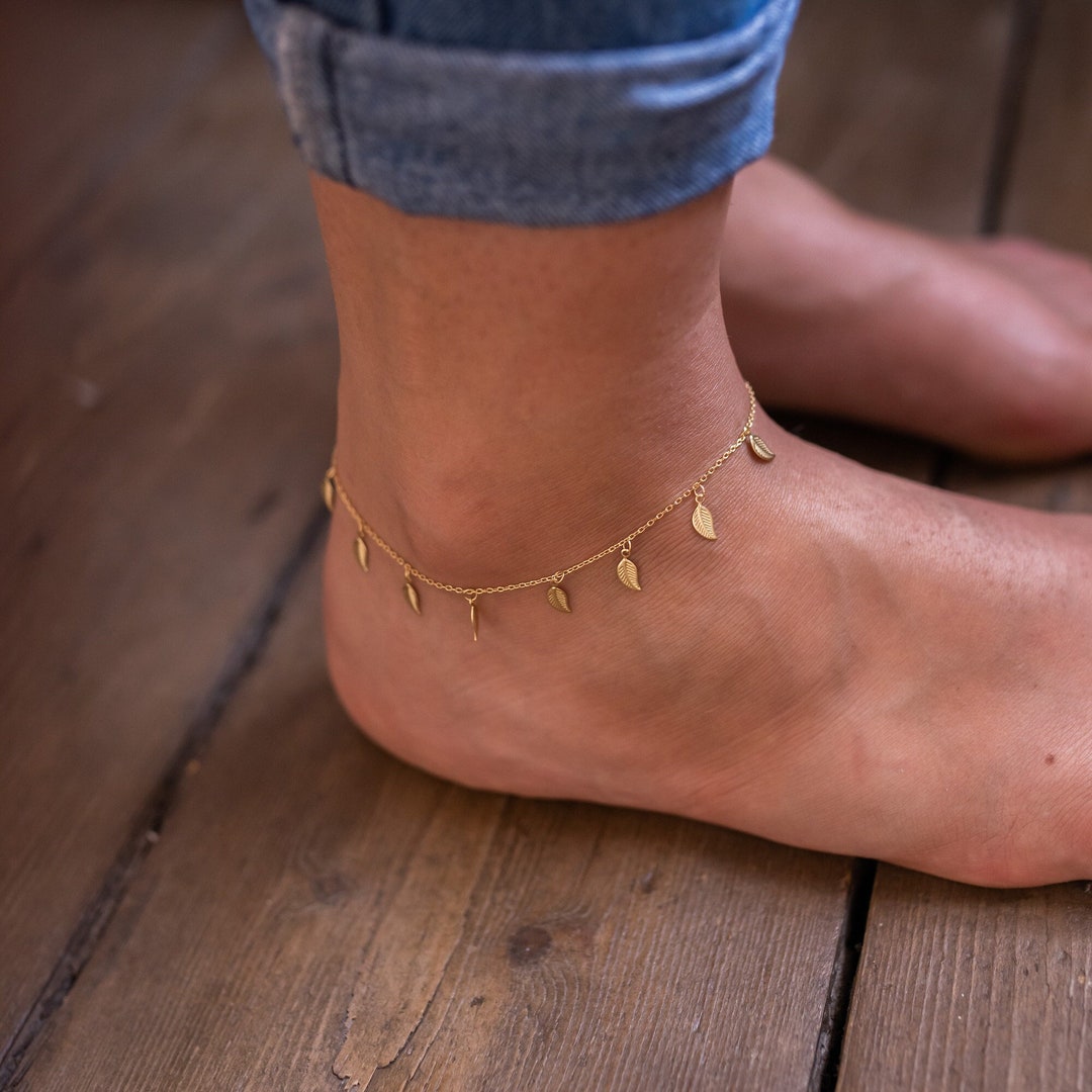 Delicate Gold 14K Leaf Anklet, Gold Coin Anklet, Foot Bracelet, Boho ...