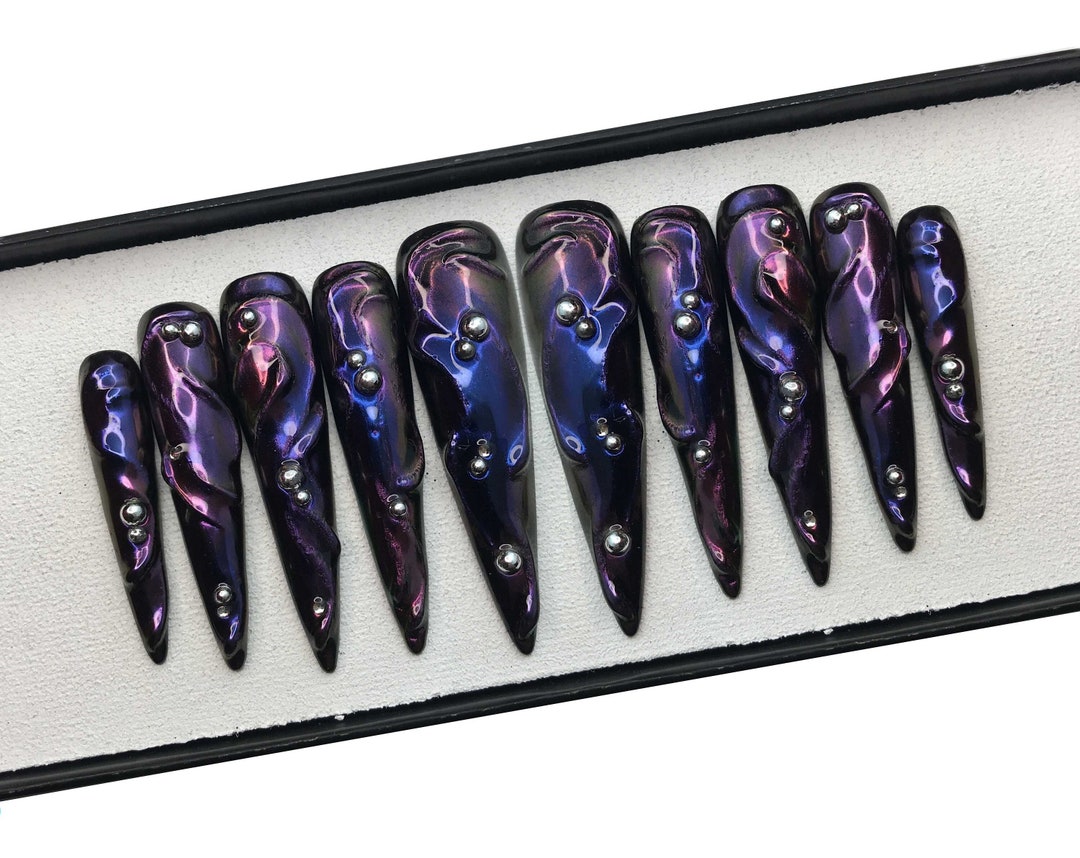 Dark Chrome 3D Abstract Goth Press on Nails Long - Etsy