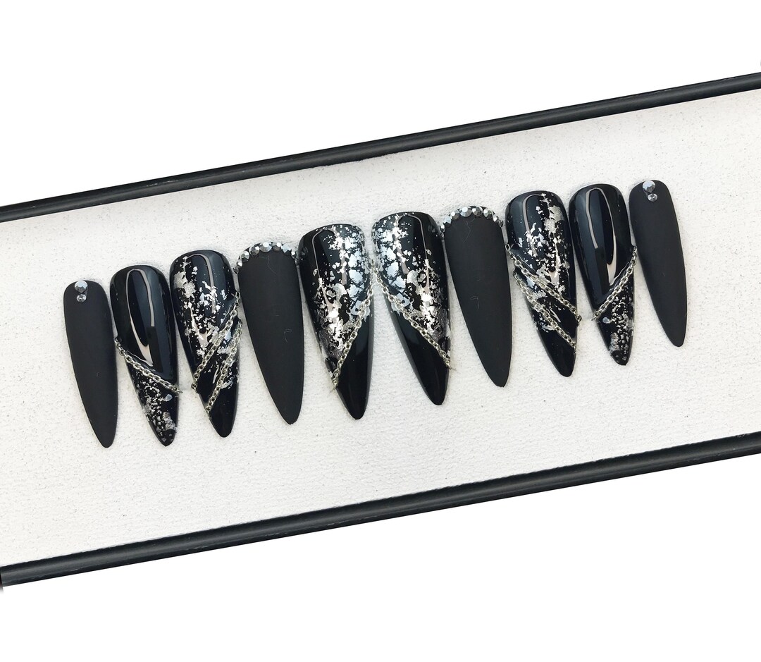 Goth Nails With Metal Chain, Long Stiletto Nails, Black Matte Press on ...