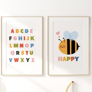 Rainbow Colorful Alphabet Poster | Cute Bee Happy Print | Nursery Wall ...